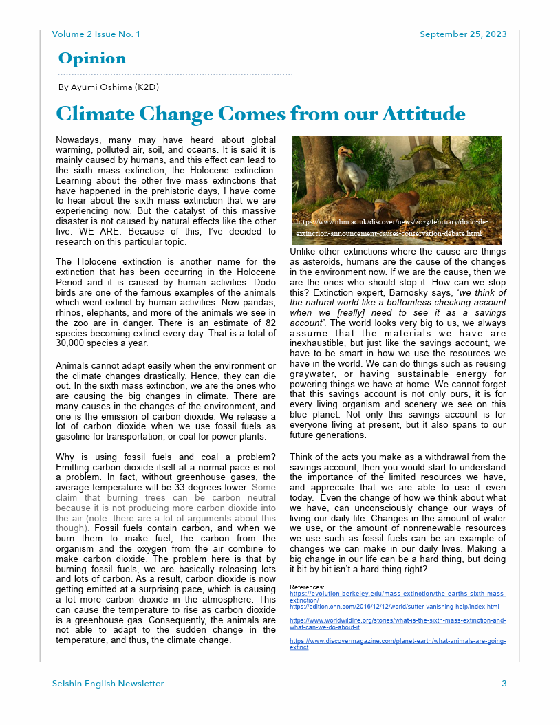 English Newsletter [高2 Writing]｜グローバル教育ブログ｜岡山県倉敷市のノートルダム清心学園 清心中学校・清心女子高等学校